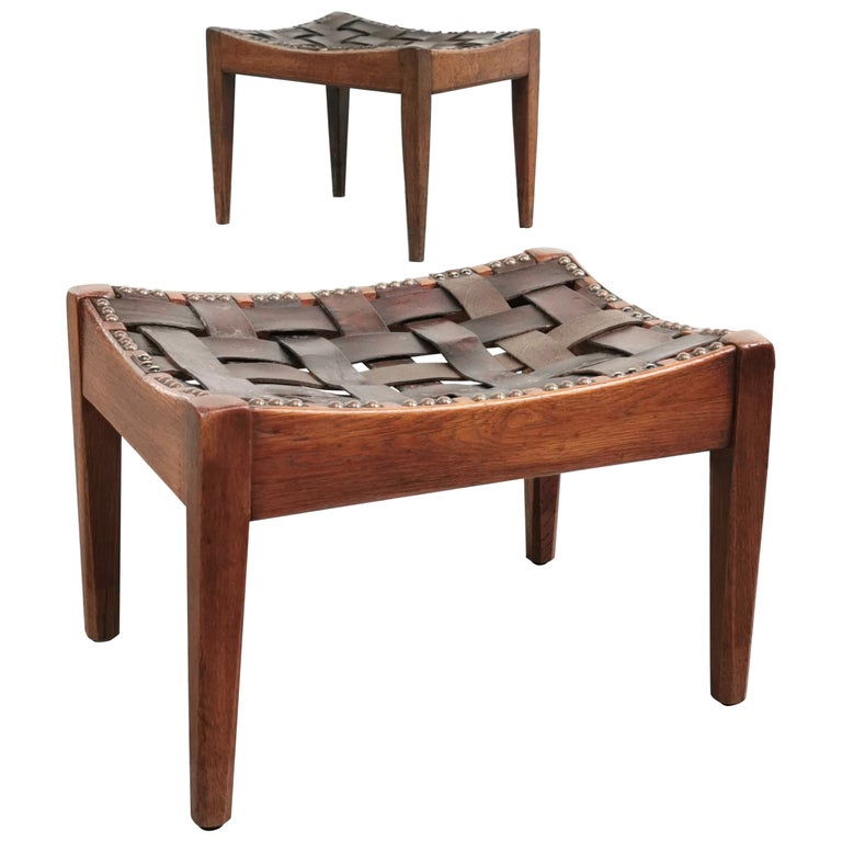 Two Arts and Crafts Arthur Simpson of Kendal Oak and Leather Stools For ...
