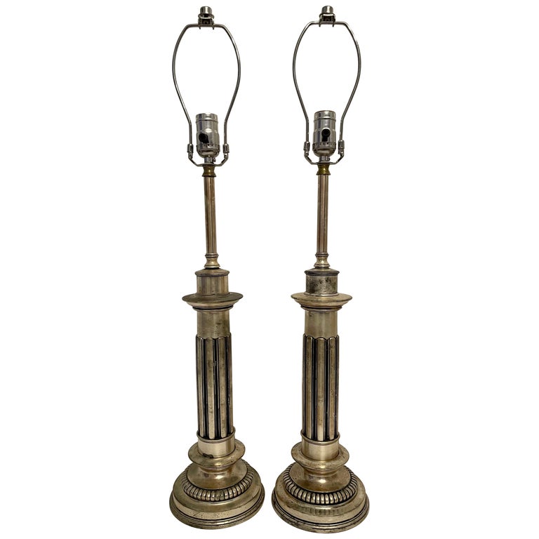Pair of Silver Plated Column Form Lamps For Sale at 1stDibs