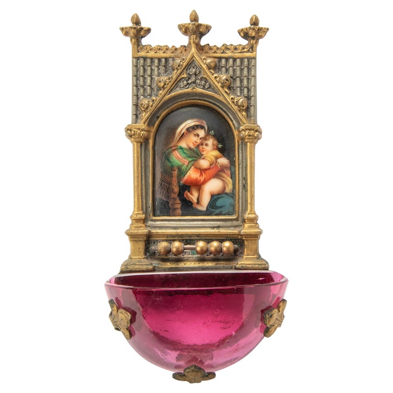 Late 19th Century Gothic Style Holy Water Font Painted Maria Jesus For ...