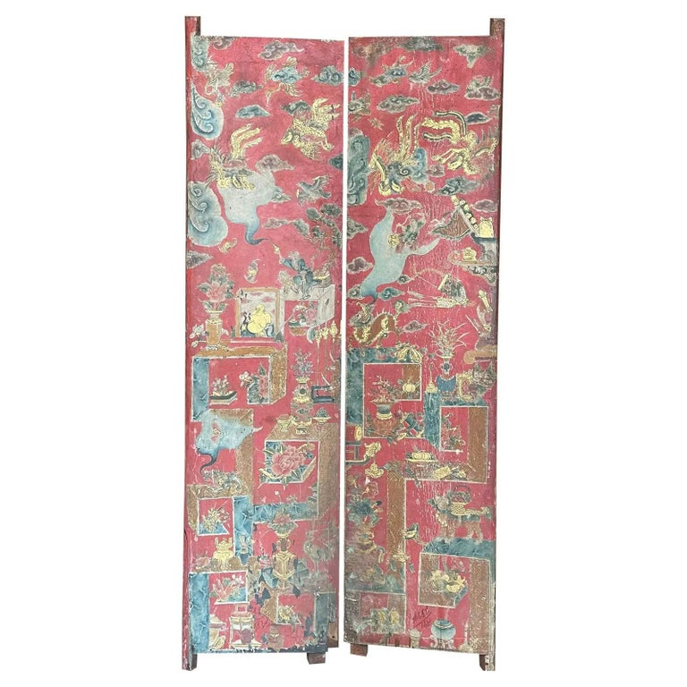 Antique Chinese Scenic Painted Carved Wood Doors, 19th Century For Sale ...