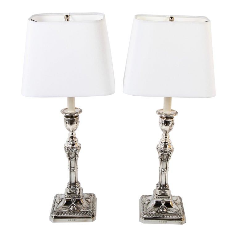 Pair of 19th C. Neoclassical Rams Head Candlestick Lamps Sheffield ...