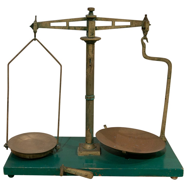 Spanish Bronze Balance Scale with Green Painted Wooden Stand For Sale ...