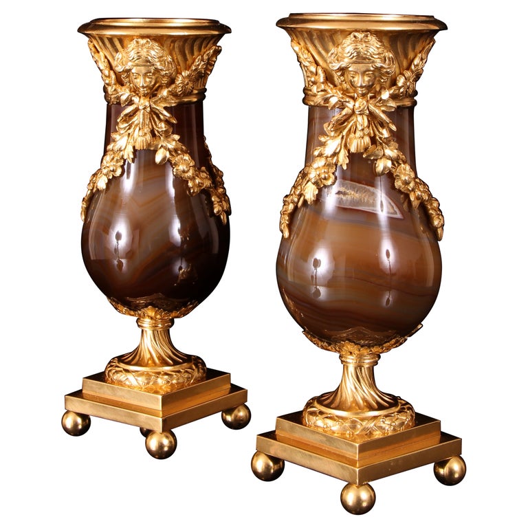Pair 19th Century Louis XVI Style Gilt Bronze and Agate Vases For Sale ...