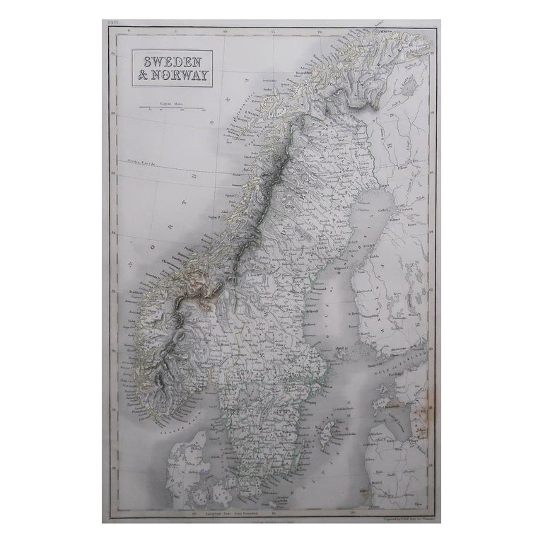 Large Original Antique Map of Sweden and Norway by Sidney Hall, 1847 ...