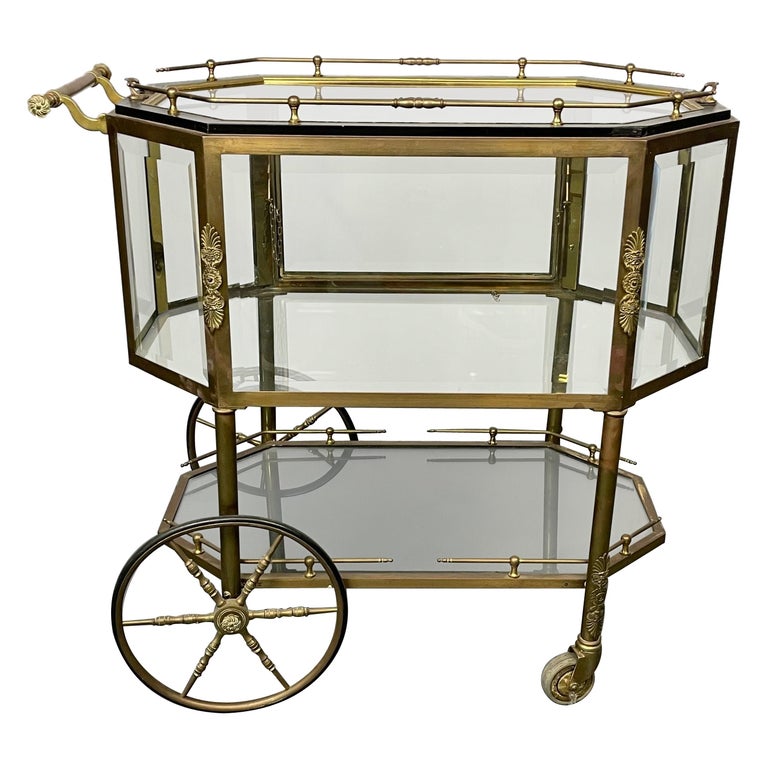 Hollywood Regency Beveled Glass, Bronze, Tea Wagon / Serving Cart / Bar ...