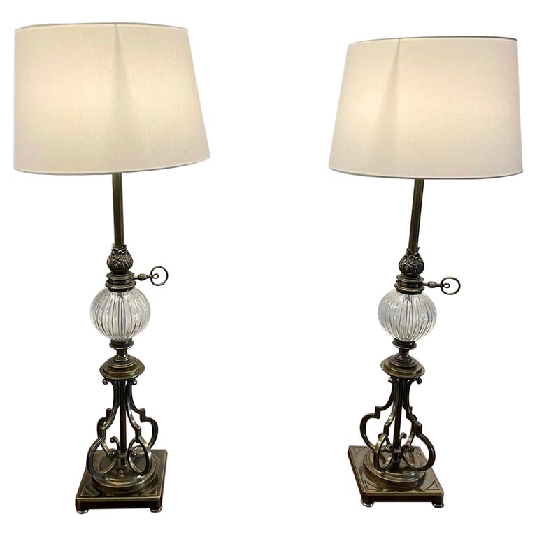 Unusual Tall Pair of Quality Brass and Glass Lamps For Sale at 1stDibs