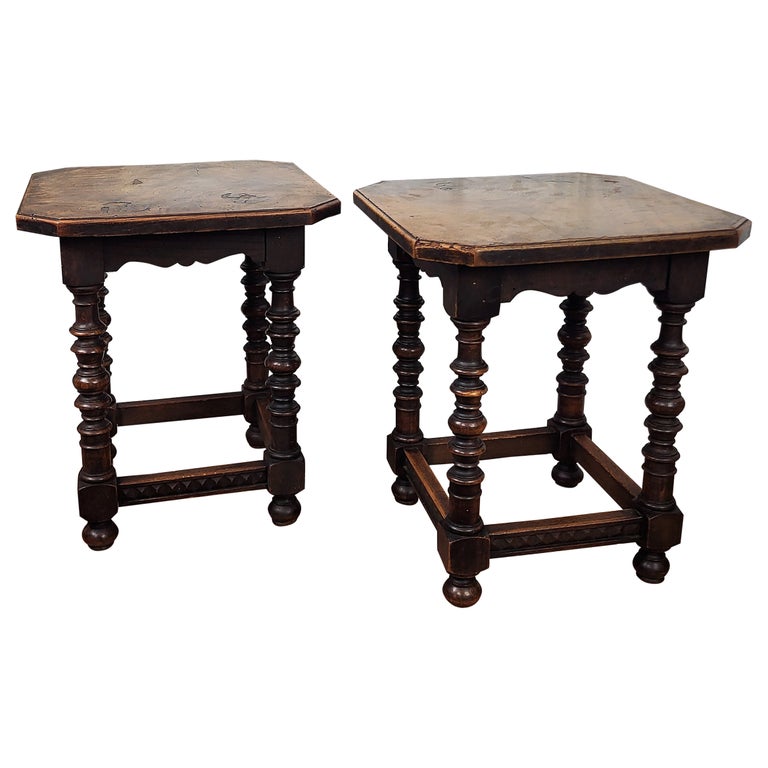 Pair of Antique Italian Walnut Side Tables or Stools with Carved Turned ...