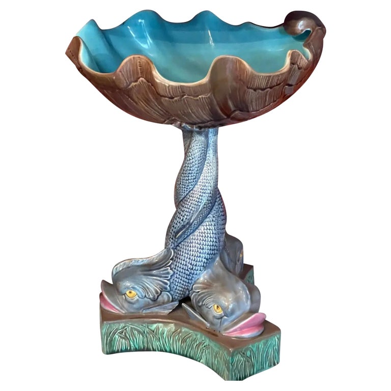 Antique Triple Dolphin Majolica Pottery Centerpiece Bowl, 19th Century ...