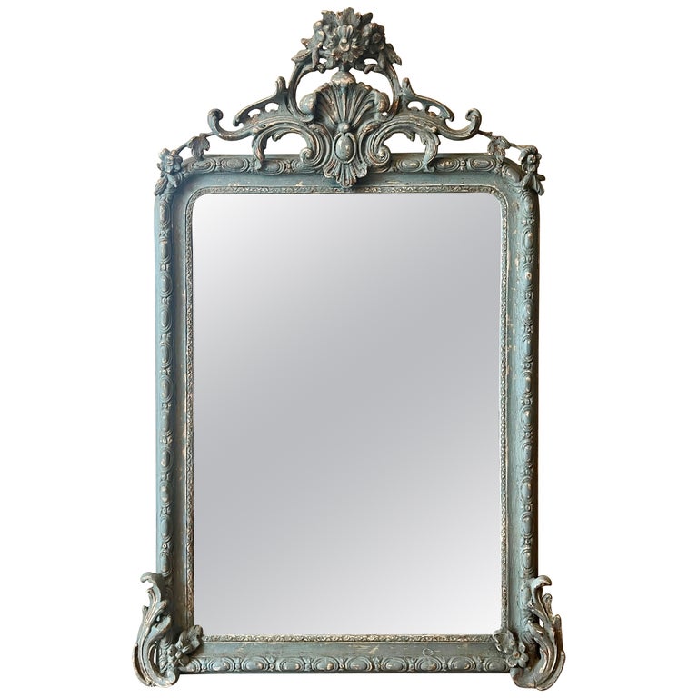 Antique French Distressed Blue Louis Philippe Mirror For Sale at 1stDibs