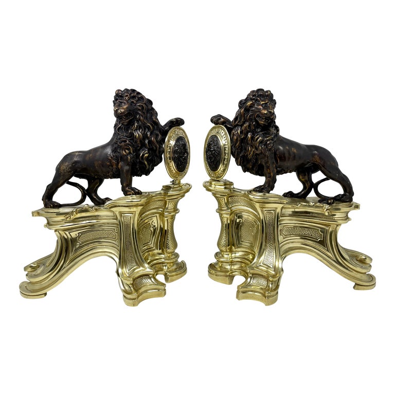 Pair Antique Bronze and Ormolu Heraldic Lions Andirons, circa 1855-1865 ...
