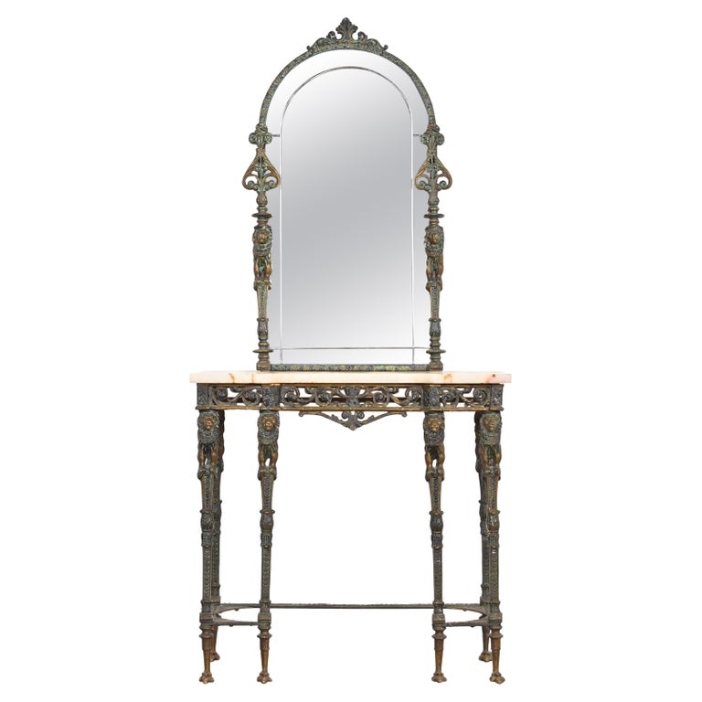 Neoclassical Bronze Marble Top Console with Mirror Attributed to Oscar ...