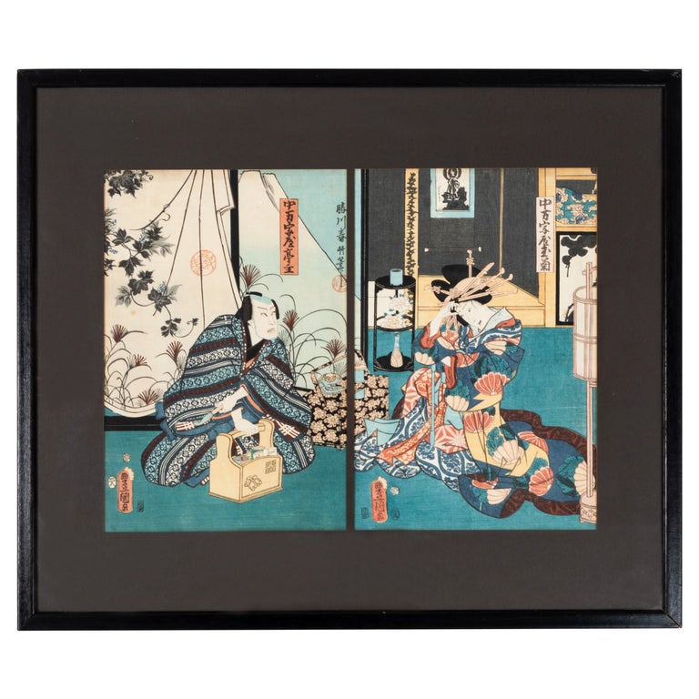 Framed Japanese 19th Century Diptych Woodblock Print Toyokuni II For ...