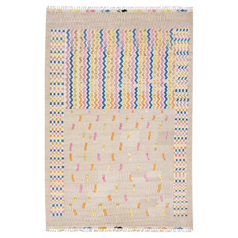 Beige Moroccan Berber Style Handmade Geometric Wool Rug For Sale at 1stDibs