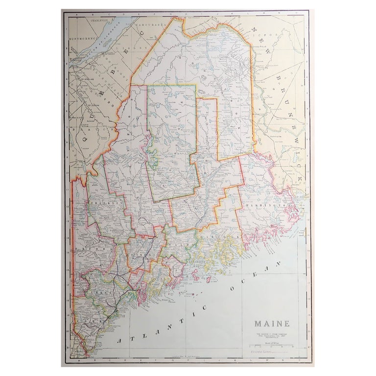 Large Original Antique Map of Maine, USA, C.1900 For Sale at 1stDibs