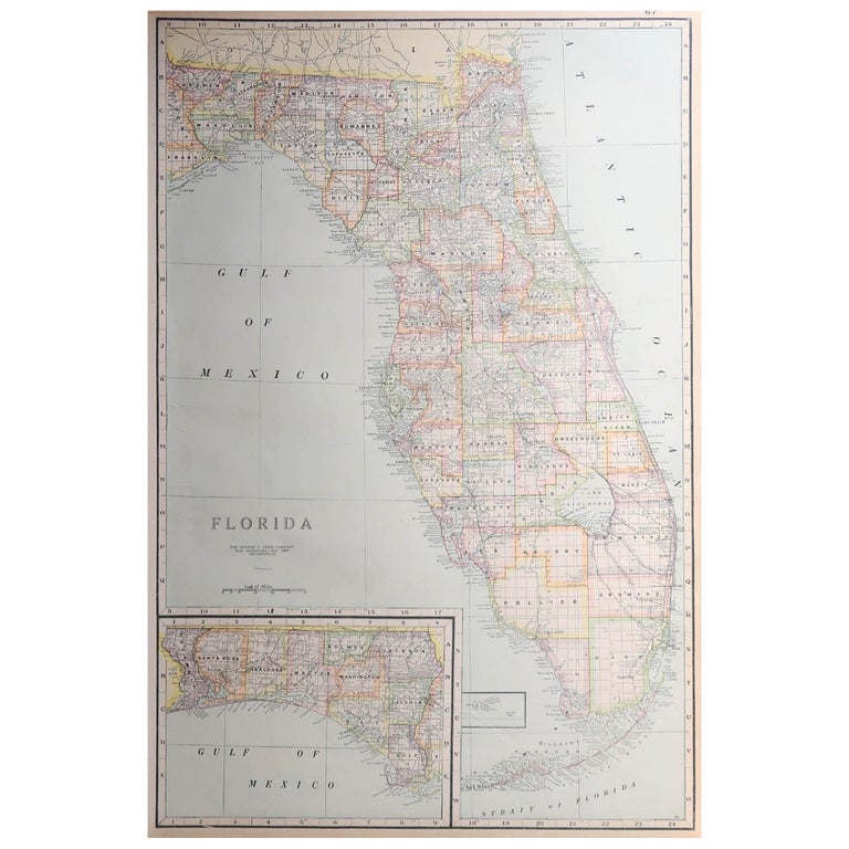 Large Original Antique Map of Florida, USA, C.1900 For Sale at 1stDibs