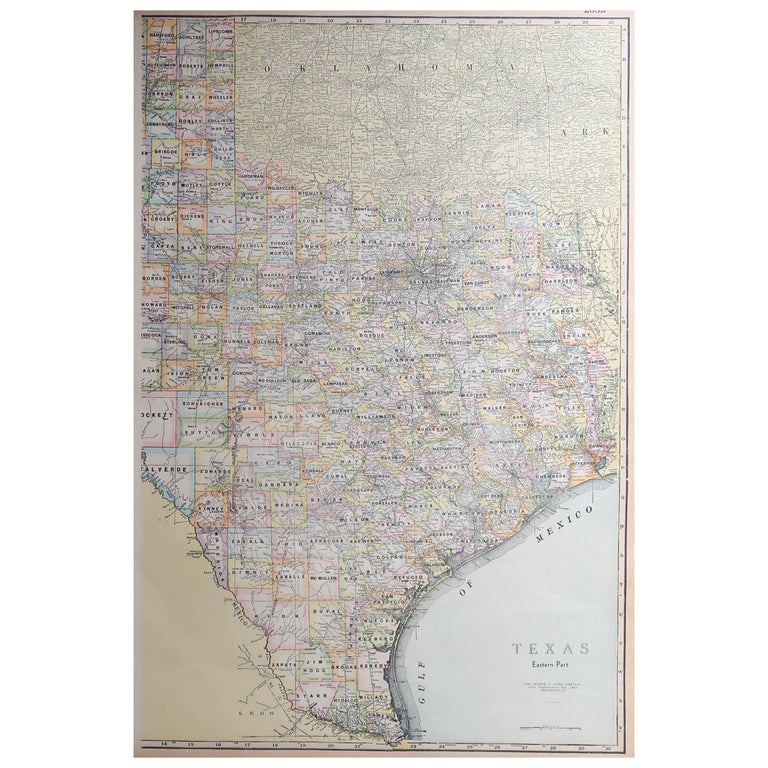 Large Original Antique Map of Texas- Eastern Part, USA, C.1900 For Sale ...