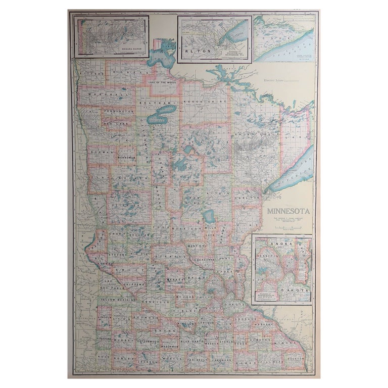 Large Original Antique Map of Minnesota, Usa, C.1900 For Sale at 1stDibs