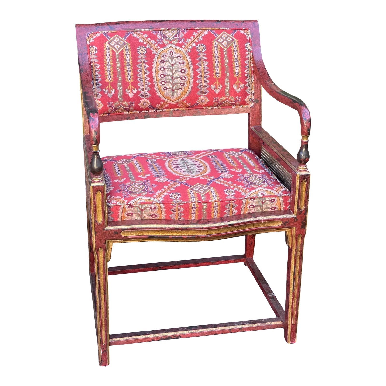 Regency Style Red Paint Decorated and Cane Arm Chair, 2010s at 1stDibs