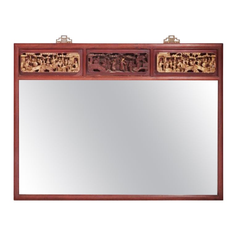 Antique Red Chinoiserie Chinese Giltwood Temple Carving Mirror For Sale ...
