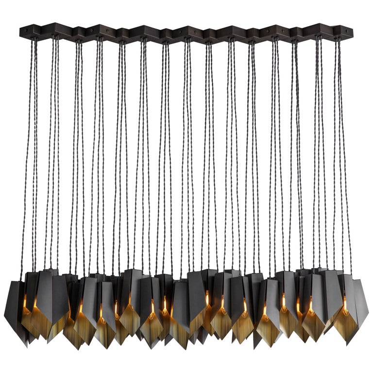 Contemporary Folded Brass Linear Chandelier in Bronze by Tigermoth Lighting For Sale at 1stDibs