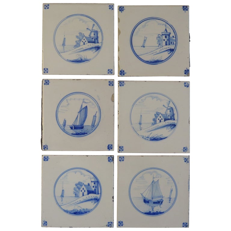SIX Delft Blue and White Tiles all hand painted, Dutch 19th Century For ...