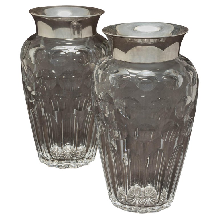 Superb Pair of Large Cut Glass Vases with Silver Collars, circa 1960s ...