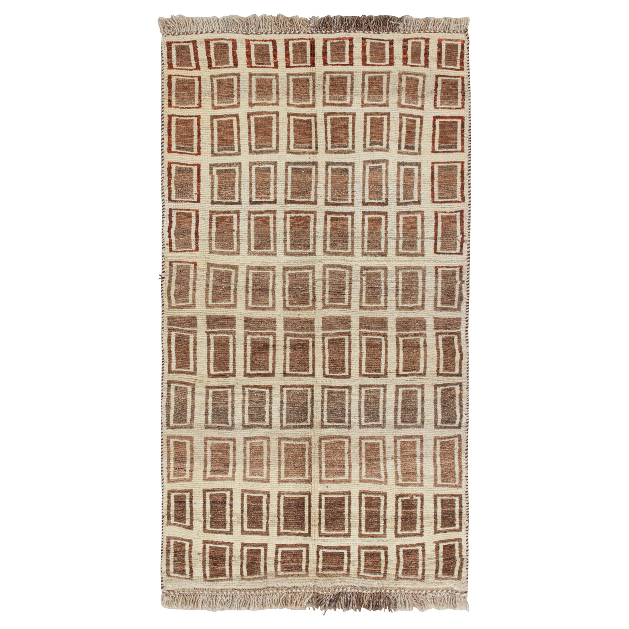 Vintage Qashqai Persian Gabbeh Runner in Beige-Brown Grid Pattern by ...