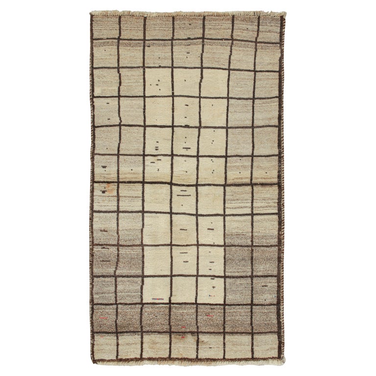 Vintage Qashqai Persian Gabbeh Runner in Beige-Brown Grid Pattern by ...