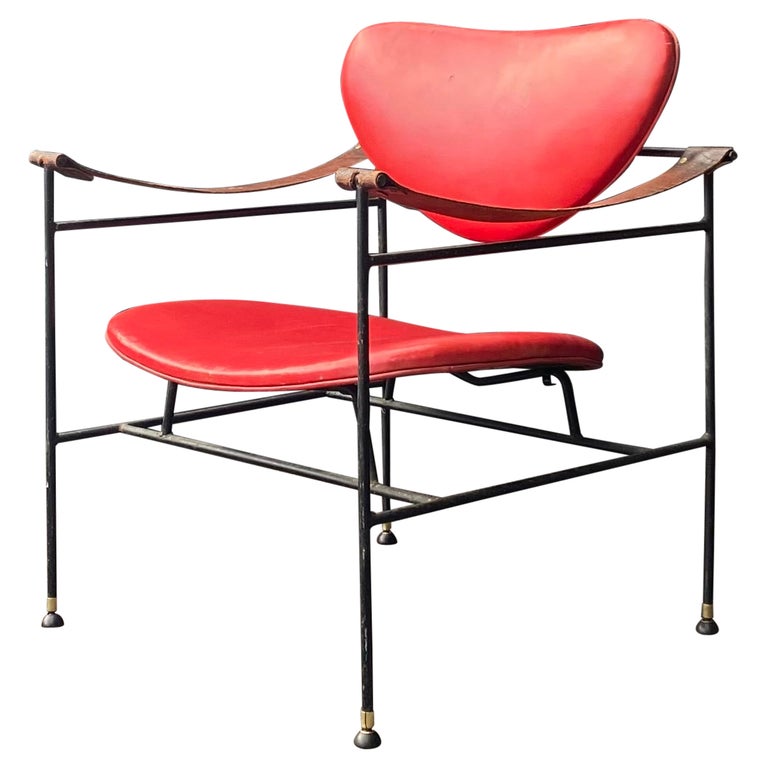 1950s Mid-Century Modern Red Leather and Iron Sling Lounge Chair For ...