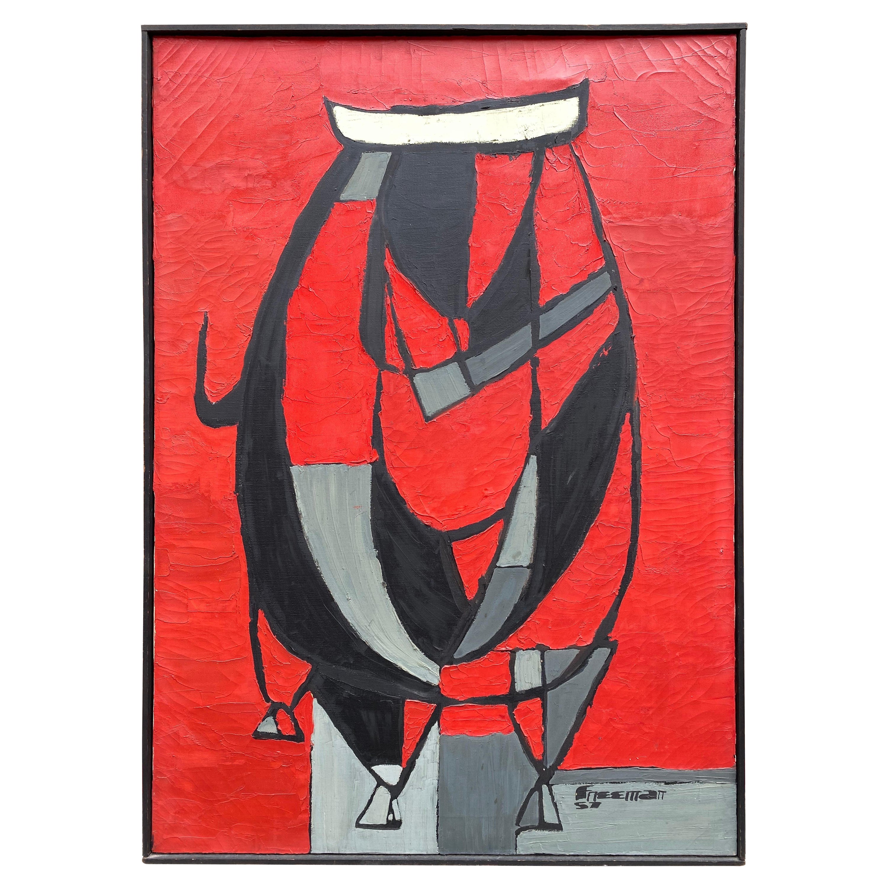 Abstract Red and Black Bull Painting signed Freeman, 1957 at 1stDibs