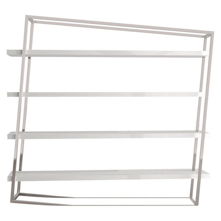 Large Accent Bookcase with Shelves in White Lacquer and Brushed ...