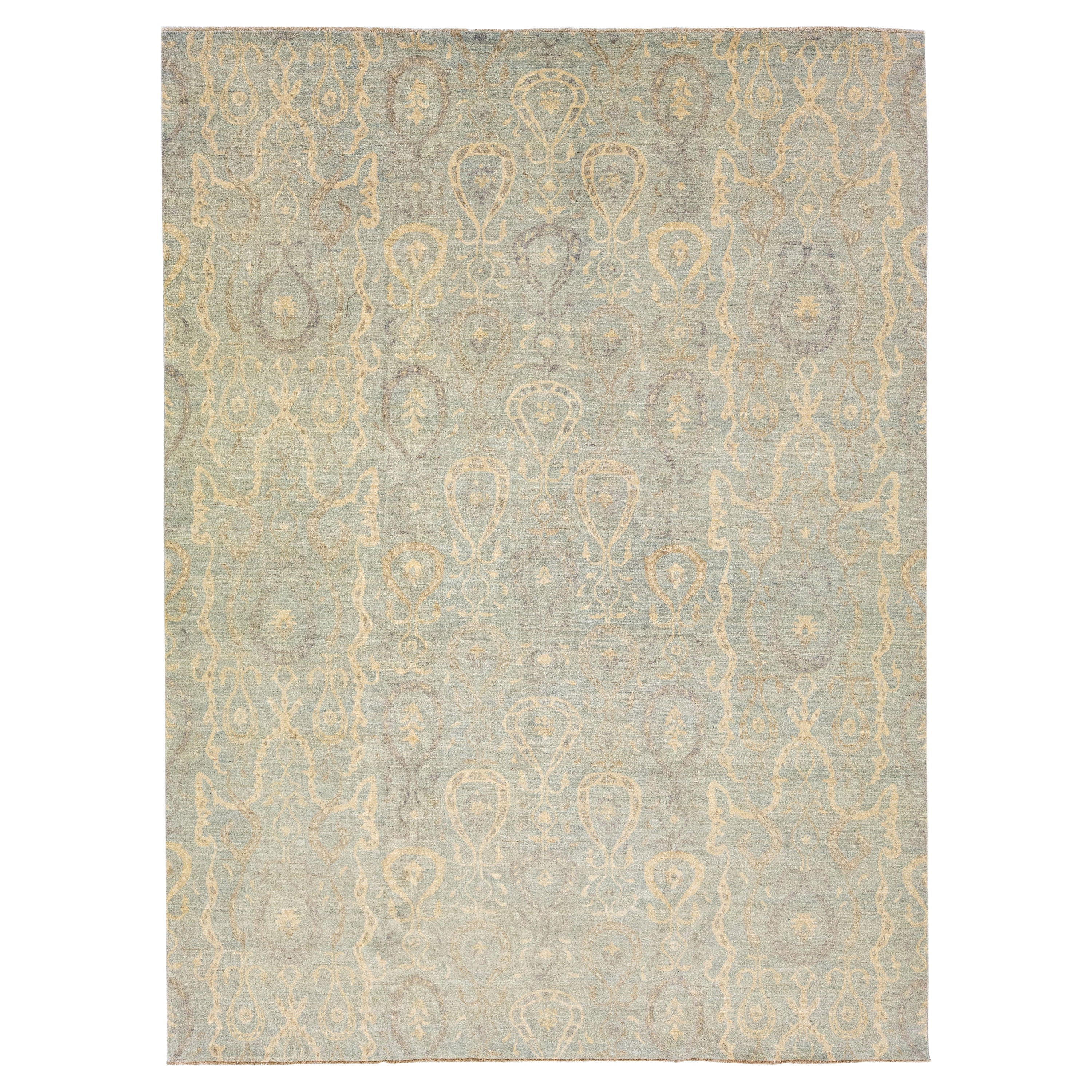 Blue Modern Paki Peshawar Handmade Wool Rug with Allover Pattern For ...