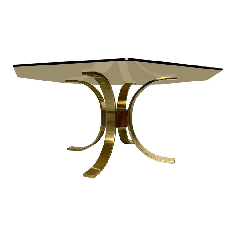 Mastercraft Brass, Burl, and Smoked Glass Dining Table For Sale at 1stDibs