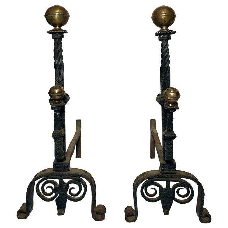 Pair Antique Early 19th Century Wrought Iron and Brass Fire Dogs For ...