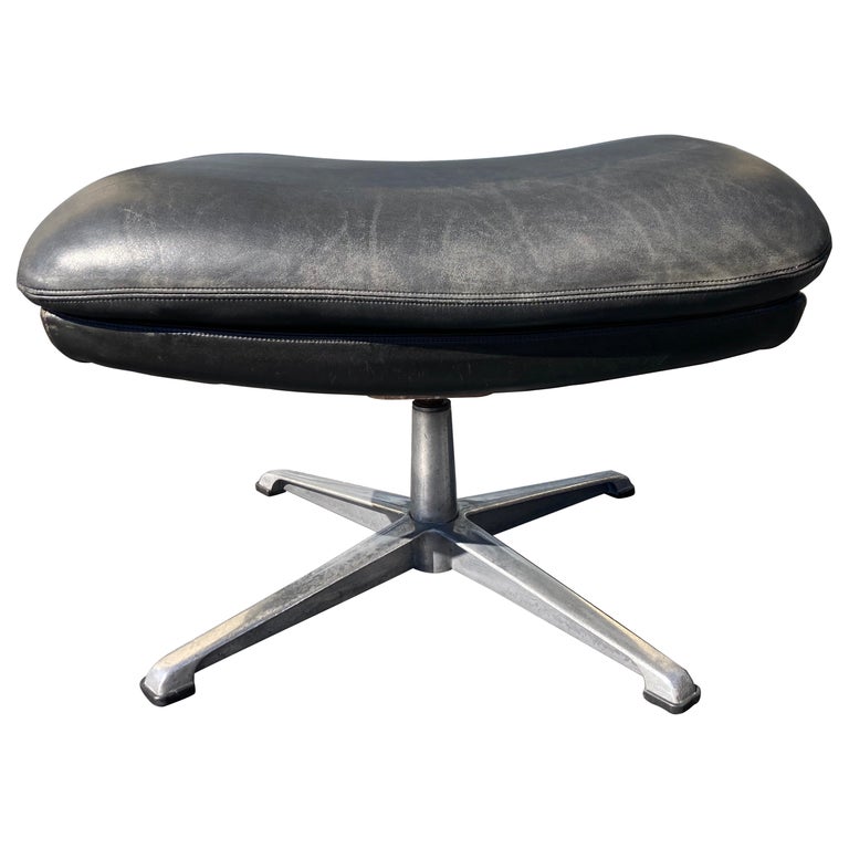 Mid-Century Modern Black Leather Swivel Ottoman Stool For Sale at 1stDibs