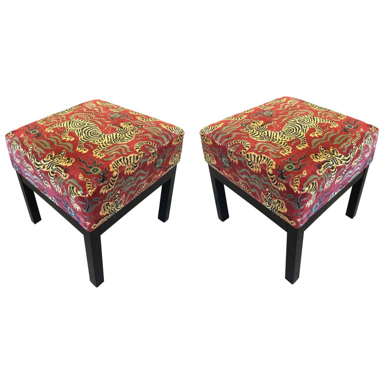 Pair of Classic Square Low Stools in Clarence House Tibet Dragon For ...