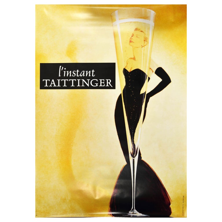 Original Vintage Drink Advertising Poster L'instant Taittinger Champagne Design For Sale at 1stDibs