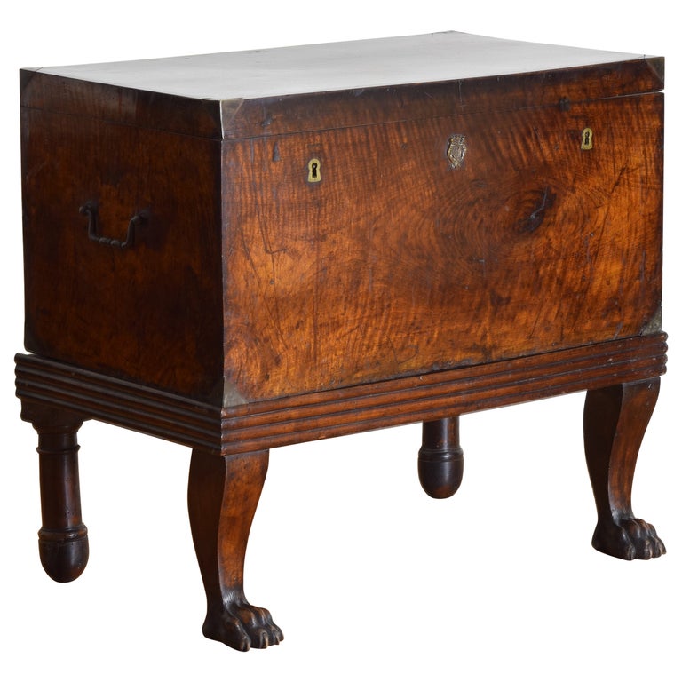 Italian Empire Period Walnut/Brass Trunk/Cellarette on Carved Stand ...