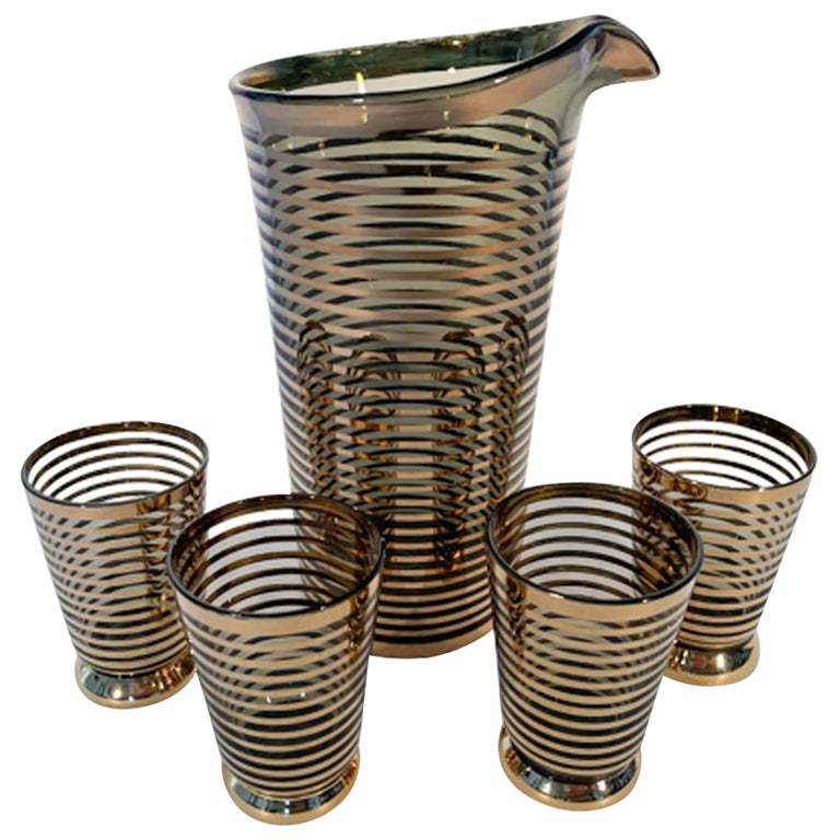 Mid-Century Modern 5pc Tinted Glass Cocktail Set with Thin Gold Band ...