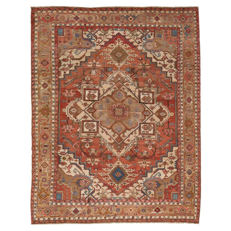 Rust 19th Century Antique Persian Serapi Wool Rug with Medallion Design ...