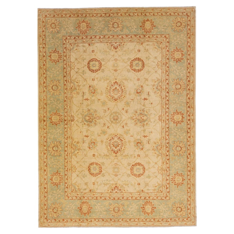 Handmade Modern Turkish Wool Rug with Tan Floral Field For Sale at 1stDibs