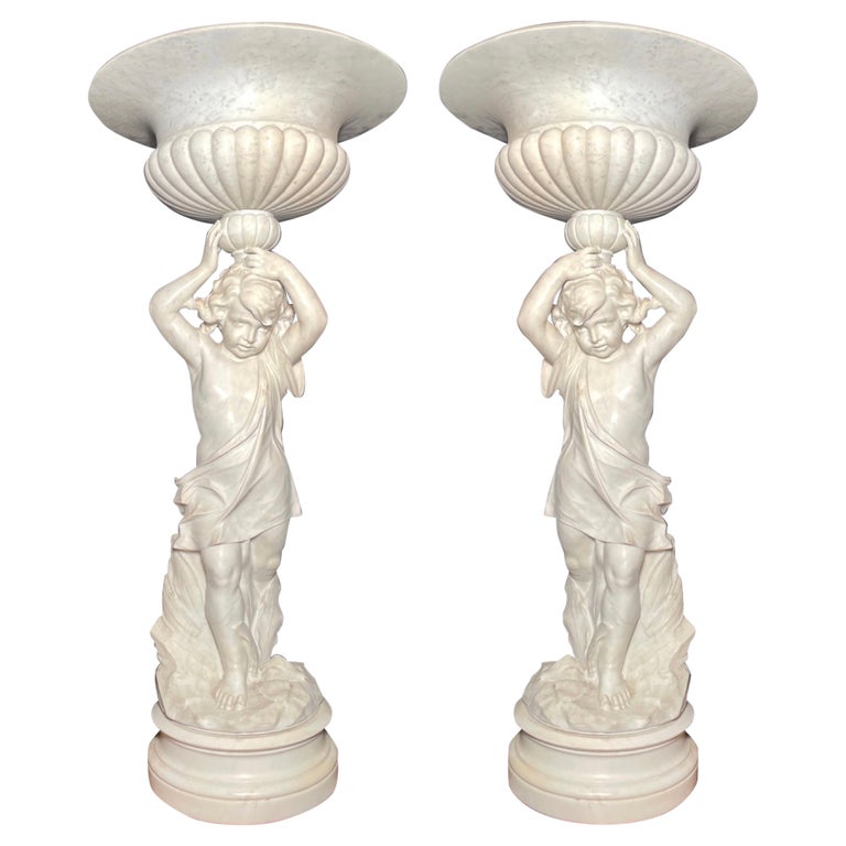 Pair Carved Carrara Marble Bird Baths w/ Classic Designed Figures ...