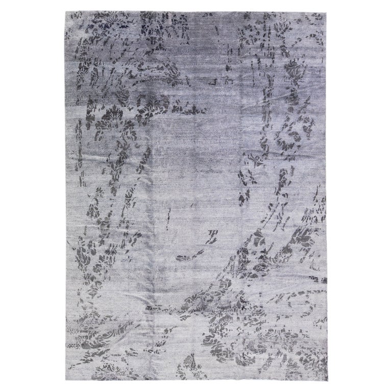 Silver Modern Handmade Silk Rug with Abstract Design For Sale at 1stDibs