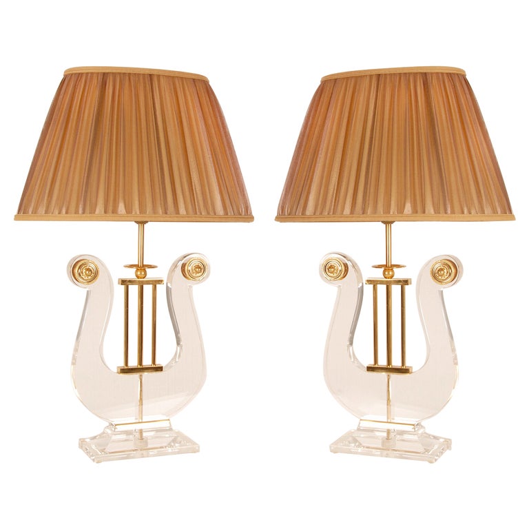 Vintage High End Lucite Crystal Glass Gold Gilded Bronze Table Lamps a ...