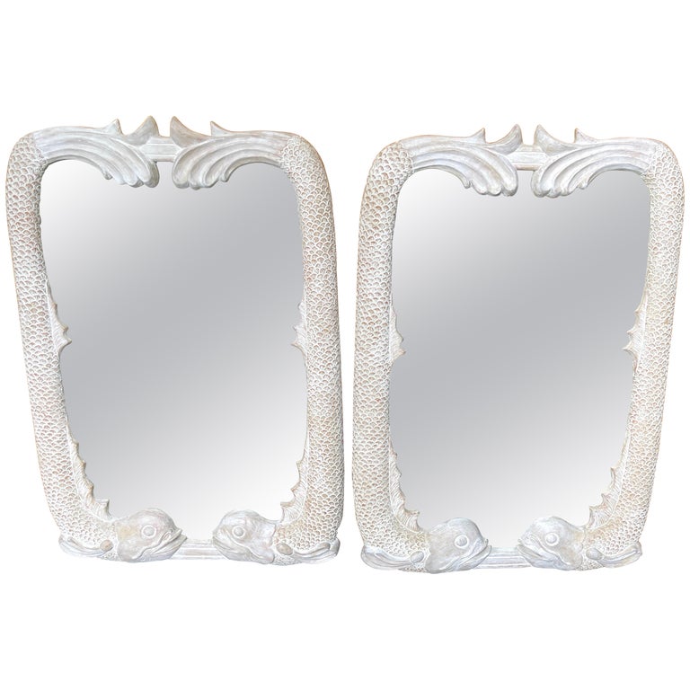 Pair of Italian Hollywood Regency Carved Whitewashed Dolphin Motif ...