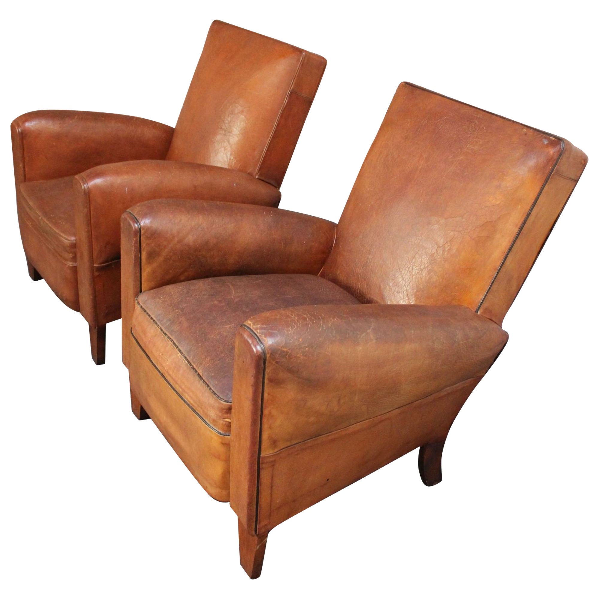 Pair of French Leather Club Chairs with Pleated Fronts at 1stDibs