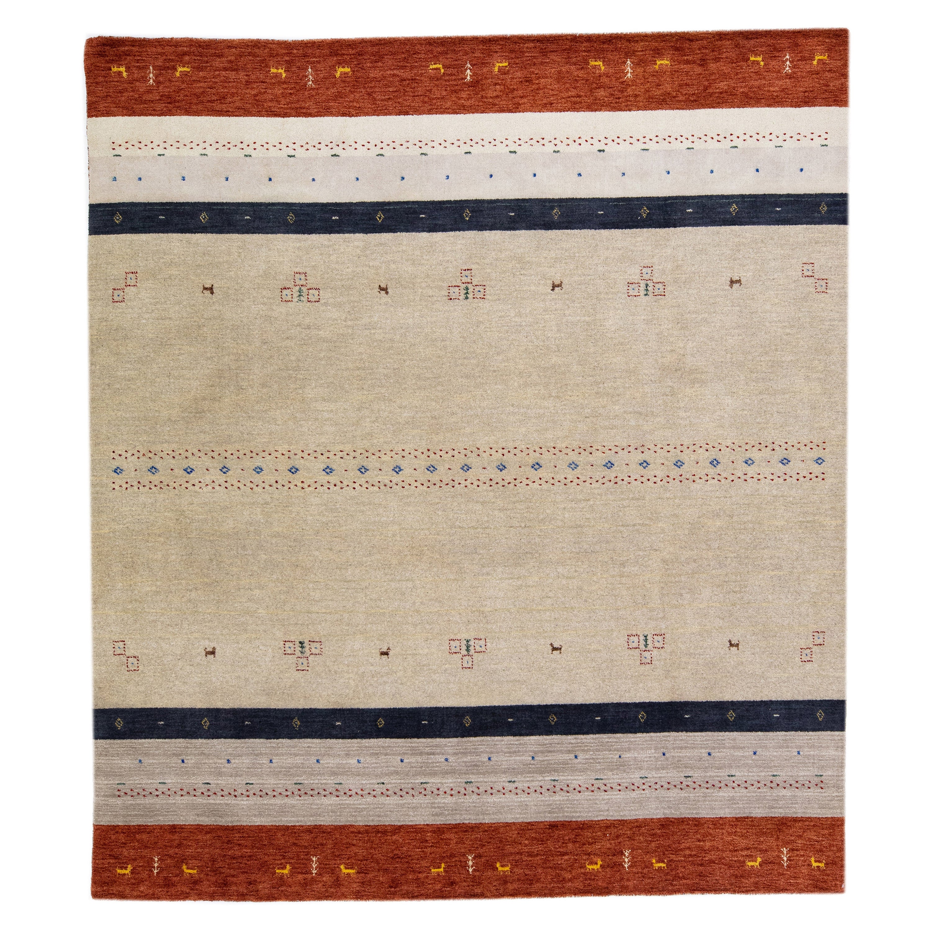 Modern Handmade Gabbeh Style Blue Wool Rug with Tribal Pattern For Sale ...