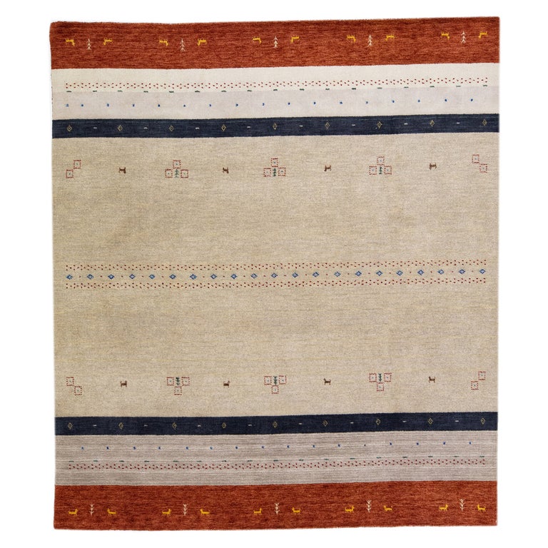 Modern Handmade Gabbeh Style Tan Wool Rug with Geometric Pattern For ...