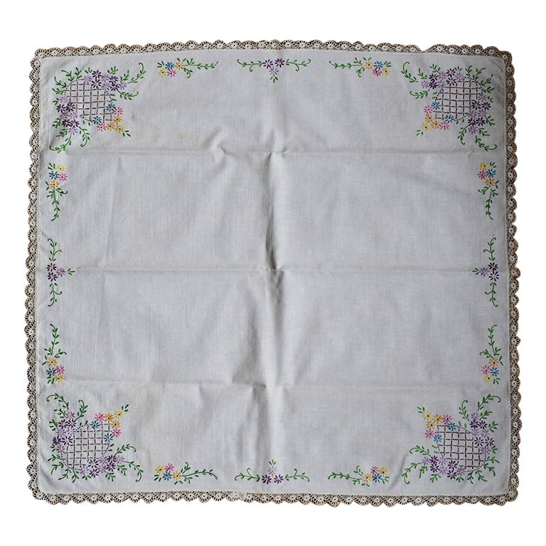 Midcentury Square Hand-Embroidered Pineapple Motif Tablecloth with Lace ...