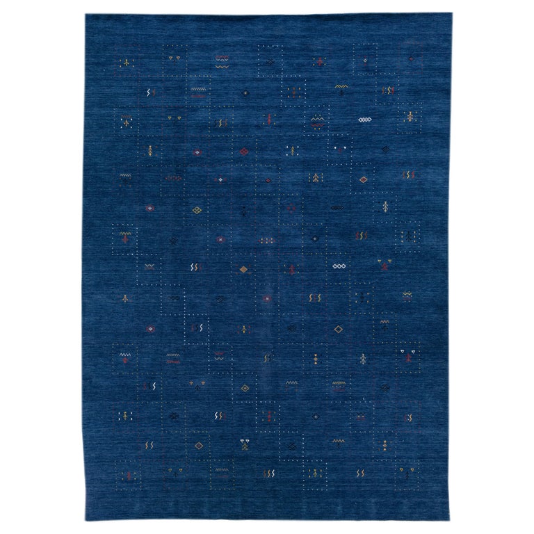 Modern Navy Blue Handmade Gabbeh Style Wool Rug with Geometric Pattern ...